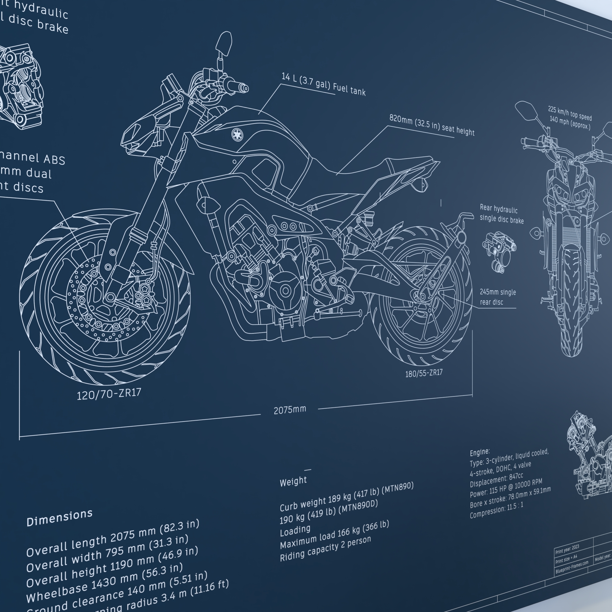 Amazing Gift For Bikers: Personalized Yamaha MT-09 Blueprint Poster ...